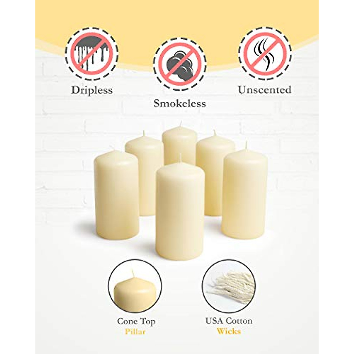 Cone Top Pillar Candles by Bask - Set of 6 - 3" x 6" Dripless Unscented Candles in Ivory for Home Decor, Relaxation & All Occasions