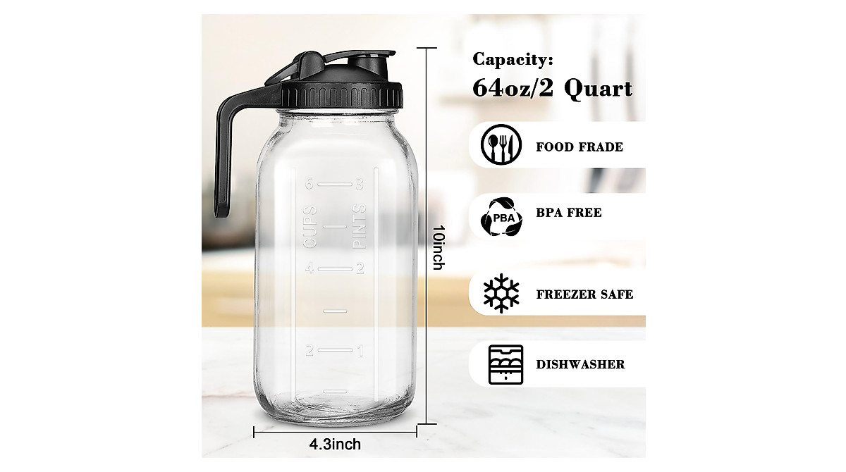 Mason Jar Pitcher with Airtight Handle - 64oz Capacity