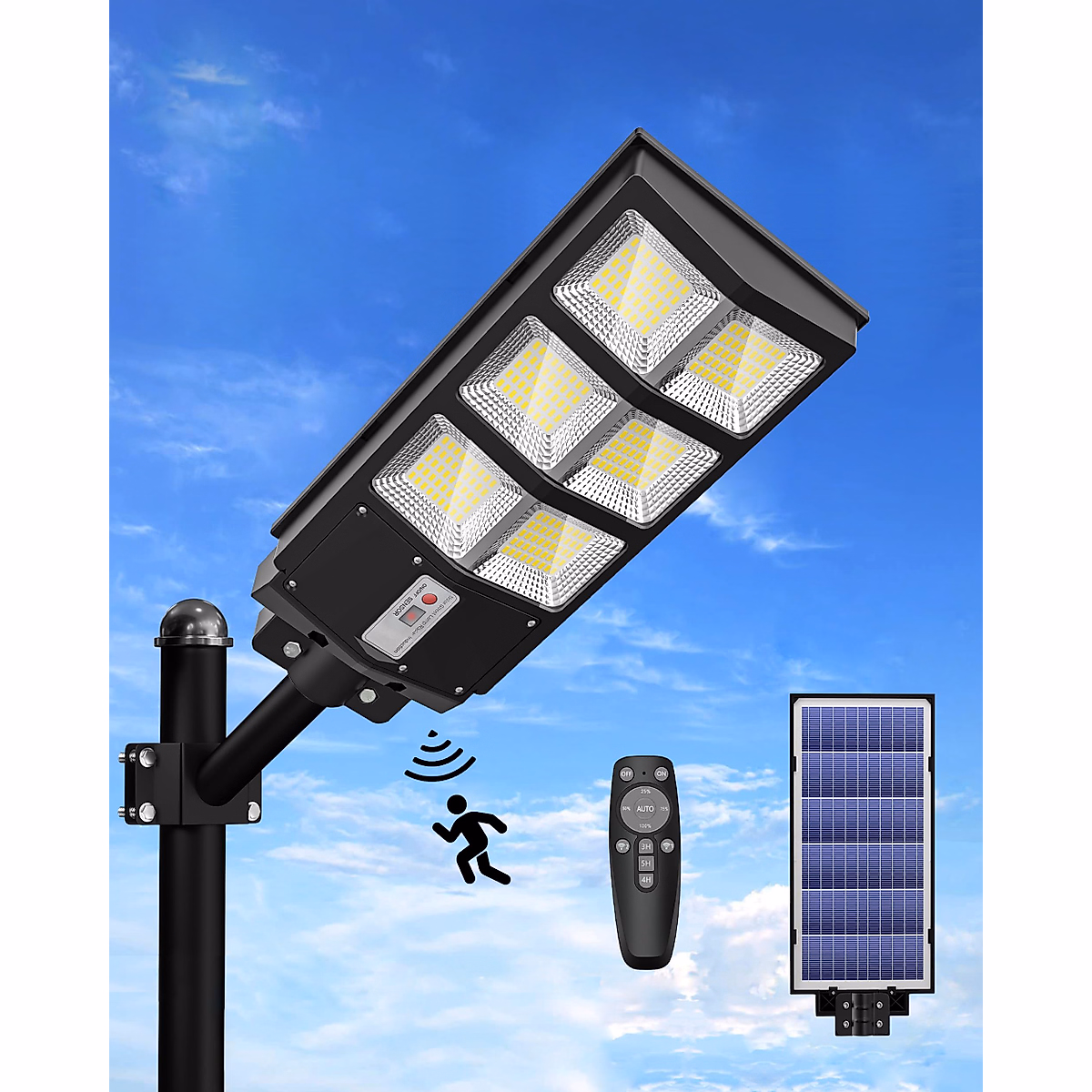Solar Street Lights Outdoor, 800W Solar Parking Lot Lights, 6500K LED Street Light Dusk to Dawn, Solar Lights Outdoor Waterproof IP66, Wide Angle Lamp with Motion Sensor, for Yard, Commercial Grade