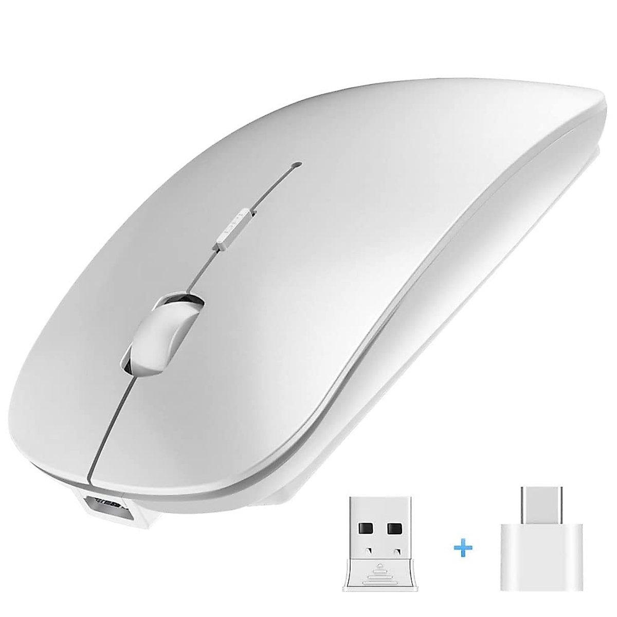 Bluetooth Wireless Mouse, Dual Mode Slim Rechargeable Wireless Mouse Silent Cordless Mouse with Bluetooth 4.0 and 2.4G Wireless, Compatible with Laptop, PC, Windows Mac Android OS Tablet (Silver)