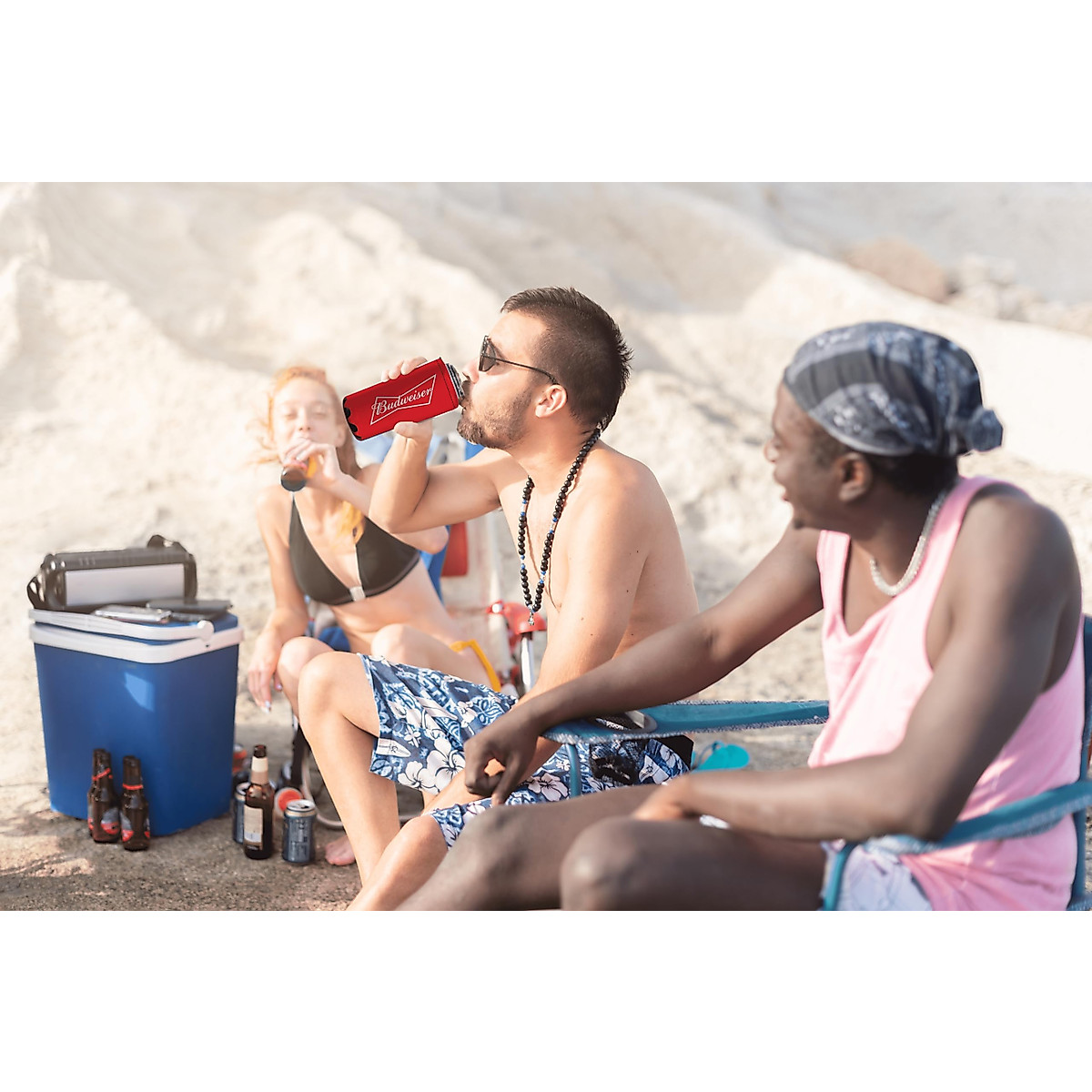 Budweiser Can/Bottle Cooler Built-in Bluetooth Speaker - Double Insulated Beverage Holder, Portable Cooler, Bluetooth 5.0 Technology, 100% Leak Proof,12 or 16 oz Cans, Regular or Slim Cans