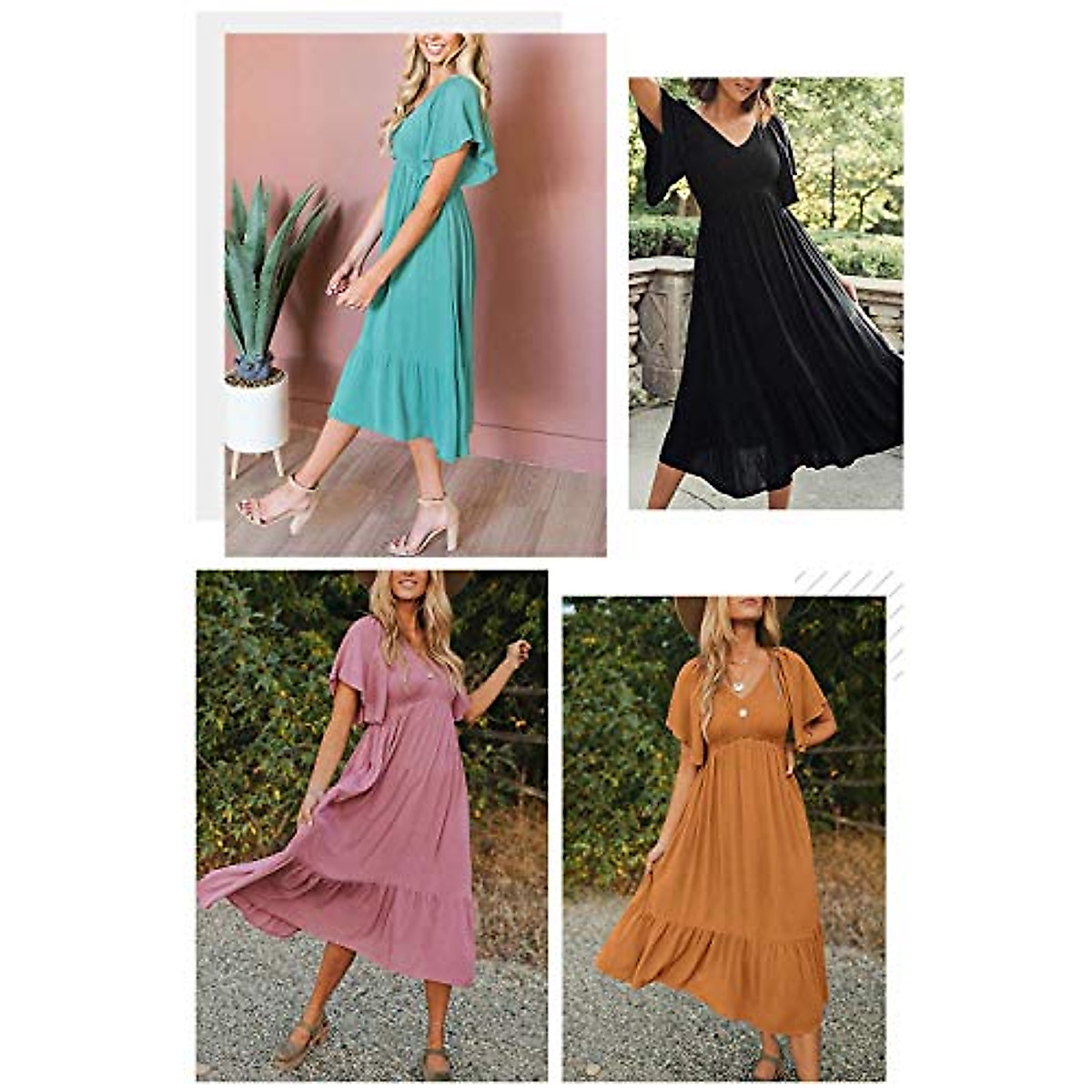 Kranda Women Short Flutter Sleeve V Neck Smocked Solid Pleat Midi Dress Pumkin Spice M