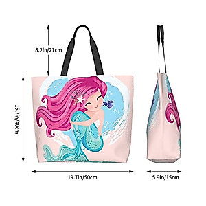 Famame Cute Mermaid Girl Canvas Tote Bag Large Women Casual Shoulder Bag Handbag Reusable Multipurpose Shopping Grocery Bag For Outdoors