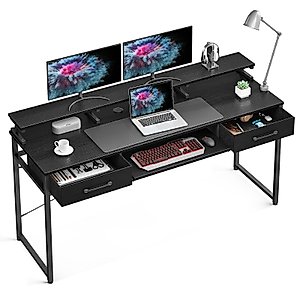 ODK Computer Desk Study Table, 63 Inch Office Desk with Drawers and Keyboard Tray, Study Desk Work Desk with Monitor Shelf, Writing Desk with Storage for Home Office, Black