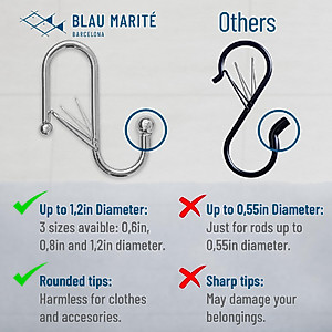 Blau Marité 10 Metalic S-Hooks with Anti-Fall System. Anti Drop S-Shaped Hook with Safety Buckle to Prevent Falls. Heavy Duty. (Silver, 3.25in Long (Diameter Rod<0.8in))