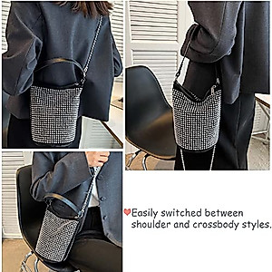 Bydenwely Rhinestone Rivets Bling Bucket Hobo Bag Medium Chic Evening Purse Women Clutch Crossbody Tote for Prom Party, Silver