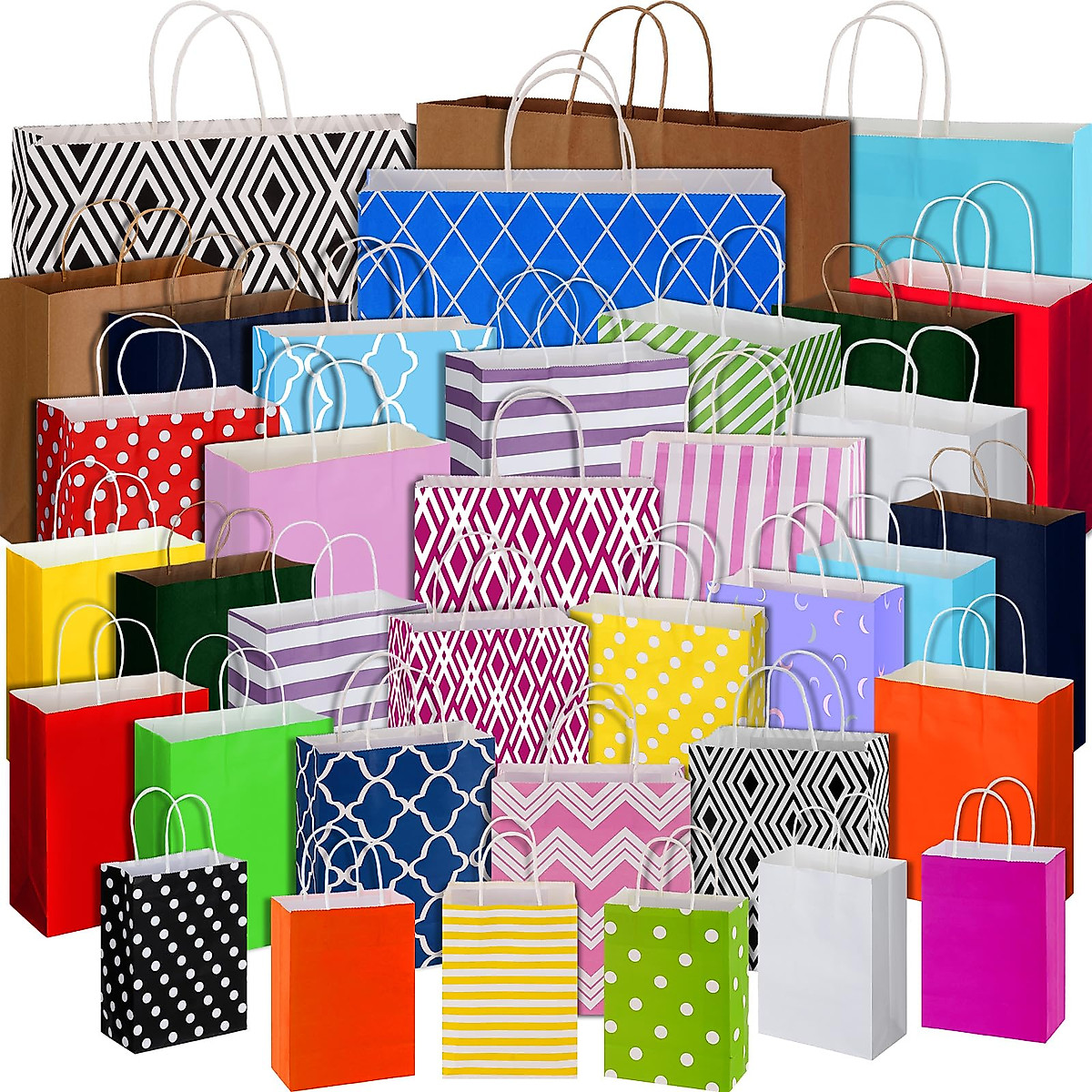 Kosiz 36 Pcs Assorted Sizes Gift Bags Bulk Gift Bag Assortment Different Sizes Birthday Goodie Paper Party Favor Gift Bag for Christmas Teacher Thanksgiving, Etc 8.3" Small, 10.2" Medium, 12.6" Large