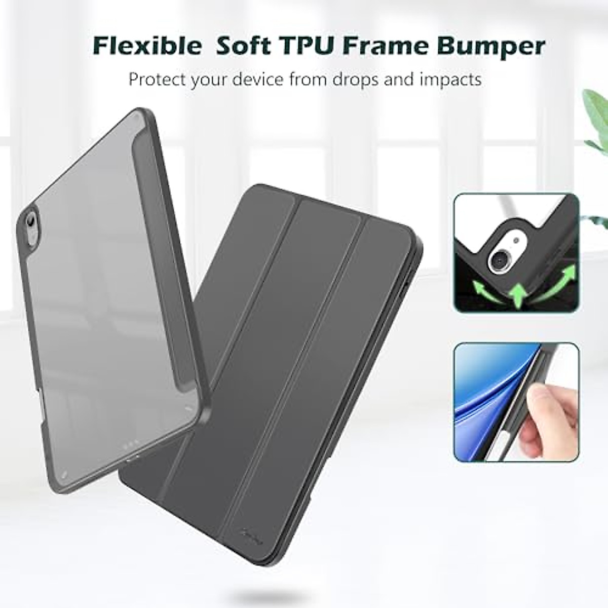 ProCase Case for iPad Air 4 Generation 10.9 Inch 2020, TPU Shockproof Border and Translucent PC Frosted Back Case Cover Protective Case with Pen Holder - Black, PC-08363119