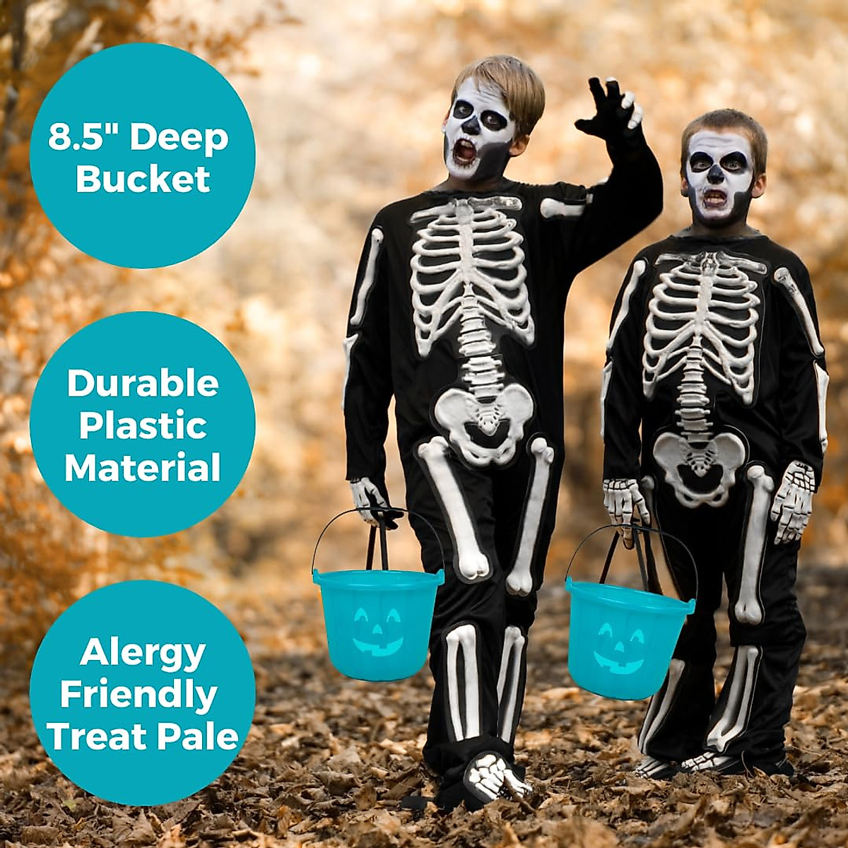 Teal Pumpkin Halloween Trick or Treat Bucket 8.5 in (2 Pack)-Official Teal Pumpkin Project Allergy-Friendly Candy Pail Accessory and Party Decoration Supplies, Haunted House Plastic Bowl w Handle