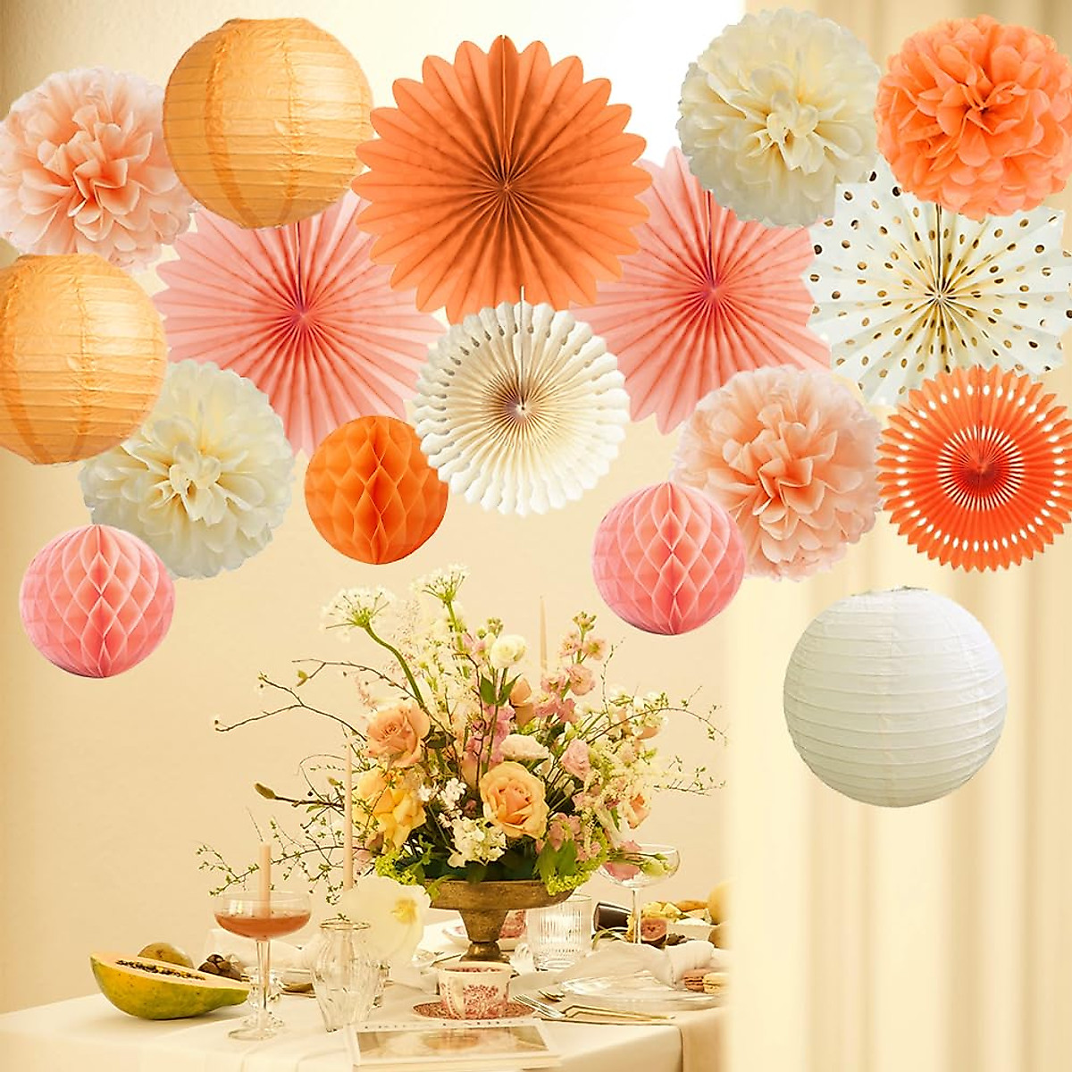 Orange Beige Peach Fall Boho Party Decorations Paper Pom Poms Paper Fans Paper Lanterns for Autumn Thanksgiving Harvest Birthday Baby Shower Bridal Shower Wedding Party Decor