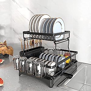 SPOWAY 2 Tier Dish Racks for Kitchen Counter,Dish Drying Rack with 360°Drainage,Dish Drainboard Set with Cutlery Holder and 4 Cup Holder,Dish drainers Over Sink Drying Rack On Counter