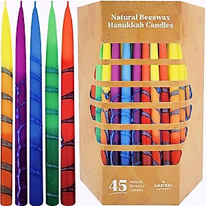 The Dreidel Company Dripless Hanukkah Candles Multicolored Beeswax, Hand-Made Striped Deluxe Tapered Decorations, Chanukkah Menorah Candles for All 8 Nights of Chanukah (Striped Multicolor Beeswax)