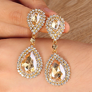 BriLove Gold-Toned Dangle Earrings for Women Wedding Bridal Fashion Crystal Teardrop Infinity Earrings Champagne.