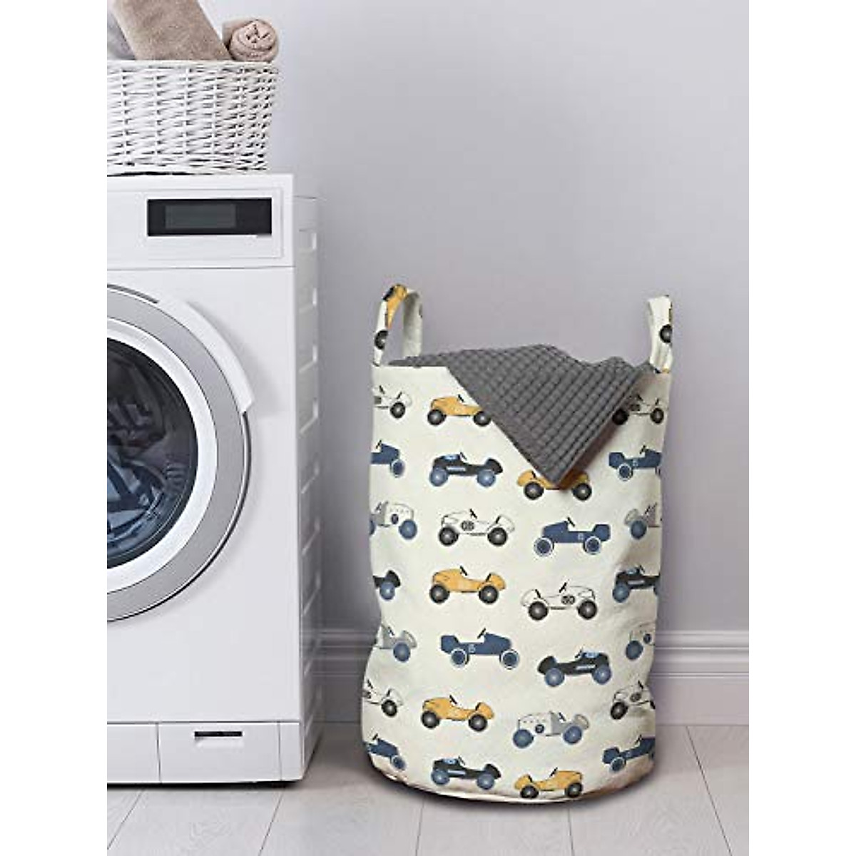 Ambesonne Cars Laundry Bag, Cartoon Vintage Race Automobiles Repetition, Hamper Basket with Handles Drawstring Closure for Laundromats, 13" x 19", Ivory Slate Blue Mustard