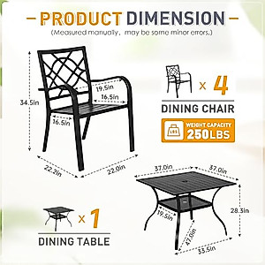 SUNCROWN 5-Piece Outdoor Wrought Iron Chairs and Table Patio Dining Furniture Set - 4 Stackable Metal Chairs, 1 Steel Slat Bistro Table for Garden Backyard Deck