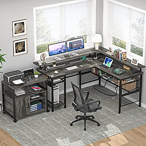 Unikito Cool L Shaped Computer Desk, Reversible Corner Office Desk with Smart Strip Light and Magic Power Outlets, Sturdy Ergonomic Gaming Table with Monitor Stand and Storage Shelf, Grid Design, Gray