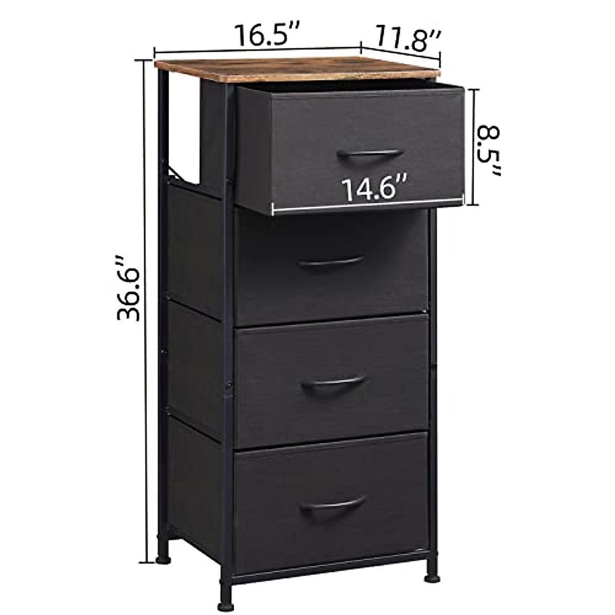 Somdot Tall Dresser for Bedroom with 4 Drawers, Storage Chest of Drawers with Removable Fabric Bins for Closet Bedside Nursery Laundry Living Room Entryway Hallway, Black/Rustic Brown
