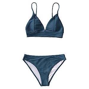 CUPSHE Women's Solid Color Sexy Triangle Bikini Set Padded Swimsuit, L Navy