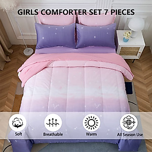 Girls Comforter Set Queen Size 7 Pieces Bed in A Bag Ombre Pink Purple Rainbow Bedding Set Collections for Teen Women (1 Comforter, 1 Flat Sheet, 1 Fitted Sheet, 2 Pillow Shams, 2 Pillowcases)