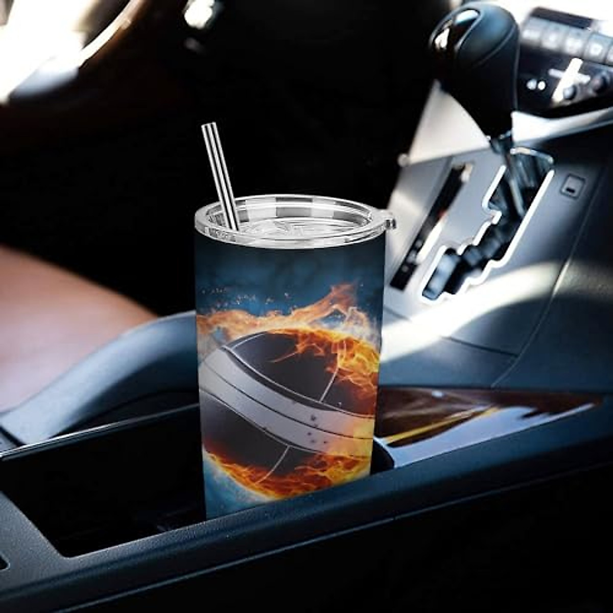 FHENMSA Stainless Steel Insulated Travel Coffee Mug,Ice And Fire Volleyball Print Reusable Car Cup,Thermal Cup for Outdoor with Straw And Lid