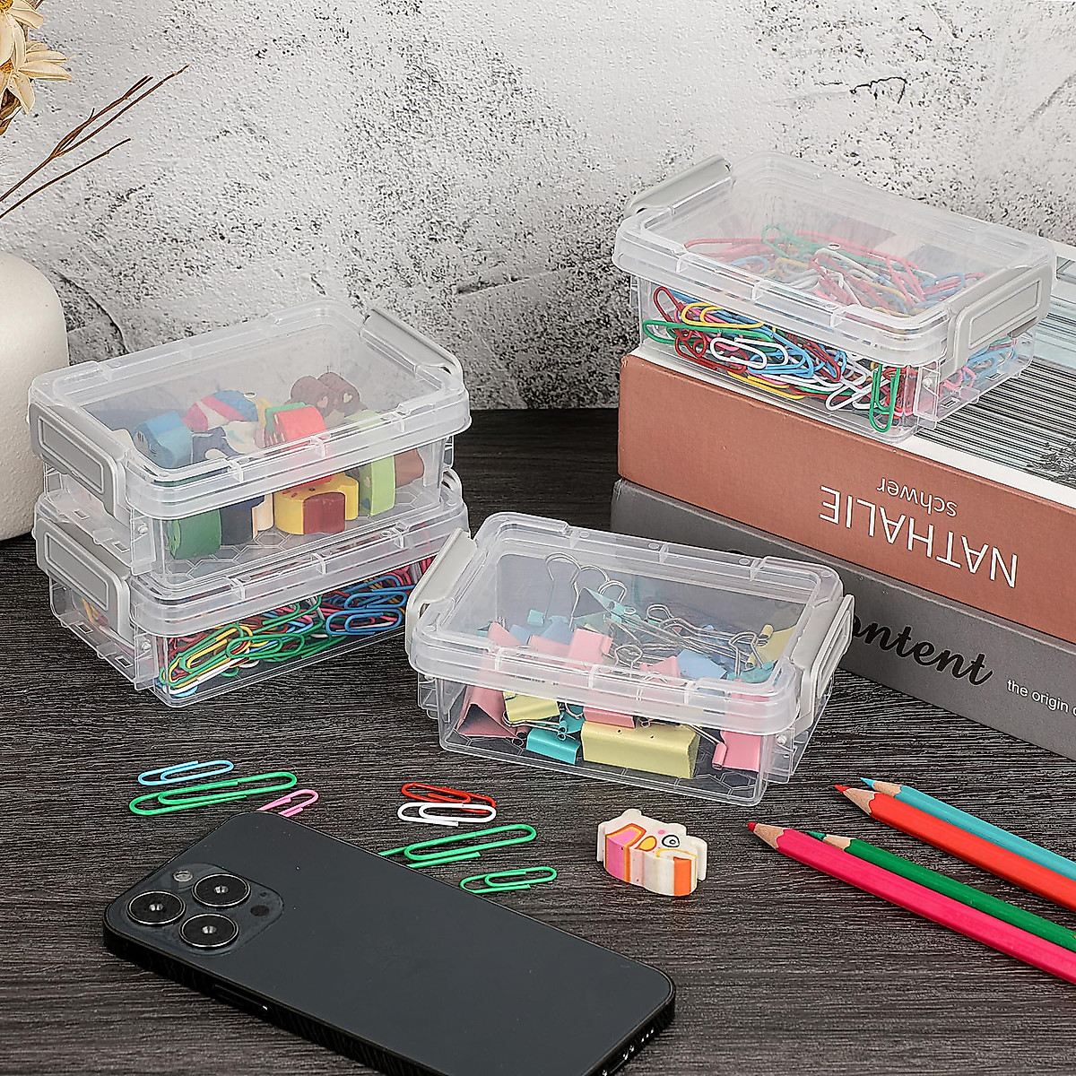 BTSKY 12 Pack Clear Plastic Bead Organizer, Small Storage Containers with lids, Stackable Mini Plastic Box with Grey Latch for Small Crafts Accessories Beads Jewelry Clips Candy, 4.7"L X 3.1"W X 1.8"H