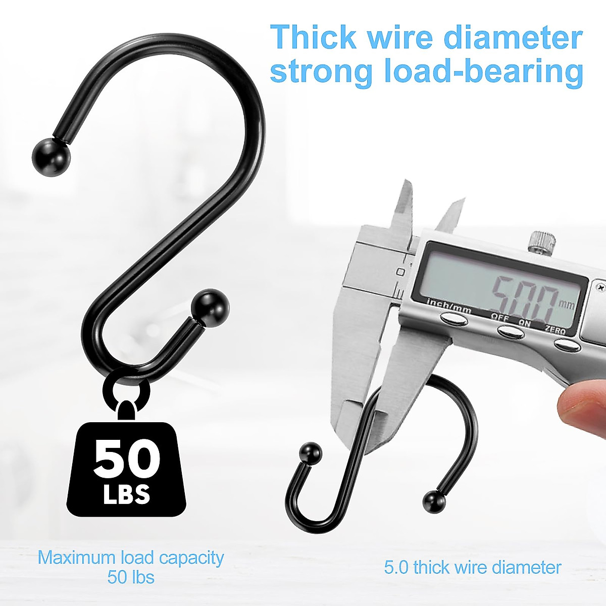 BellRhein Shower Curtain Hooks, Metal Shower Hooks for Shower Curtain Rod, Rust Proof Metal Shower Curtain Rings, S Hook Set of 12, Black.