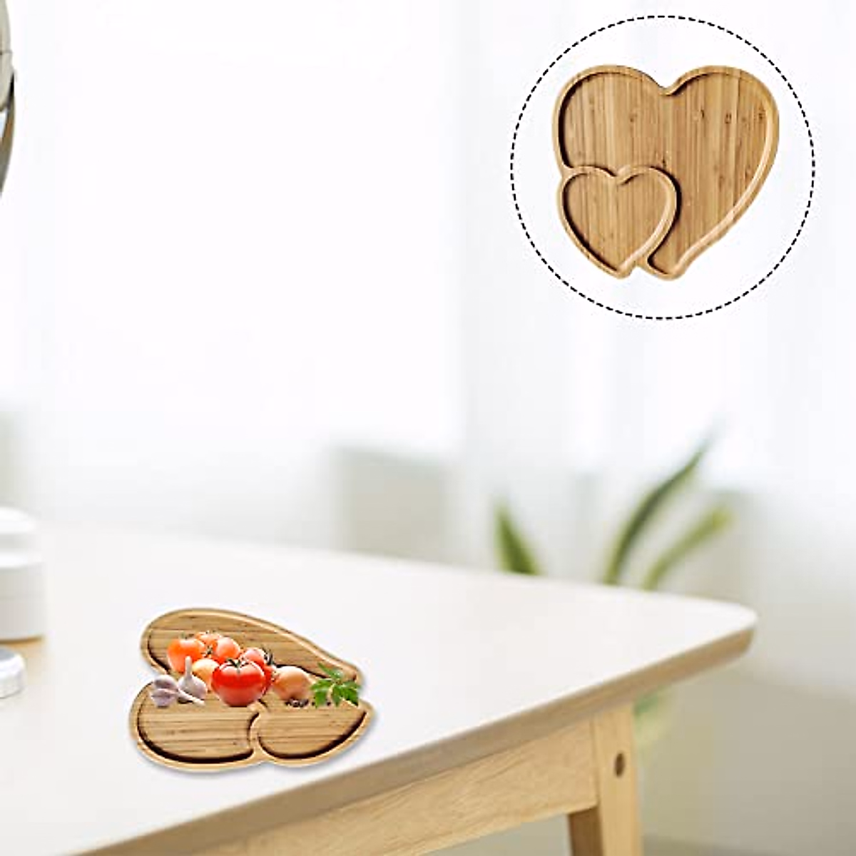 Bamboo Serving Tray Heart Shaped Cheese Board Salad Plate Double Dinner Plate Cake Plate Universal Serving Platter Appetizer Plate for Snack Candy Food Fruit Vegetables Home Party Entertaining Decor