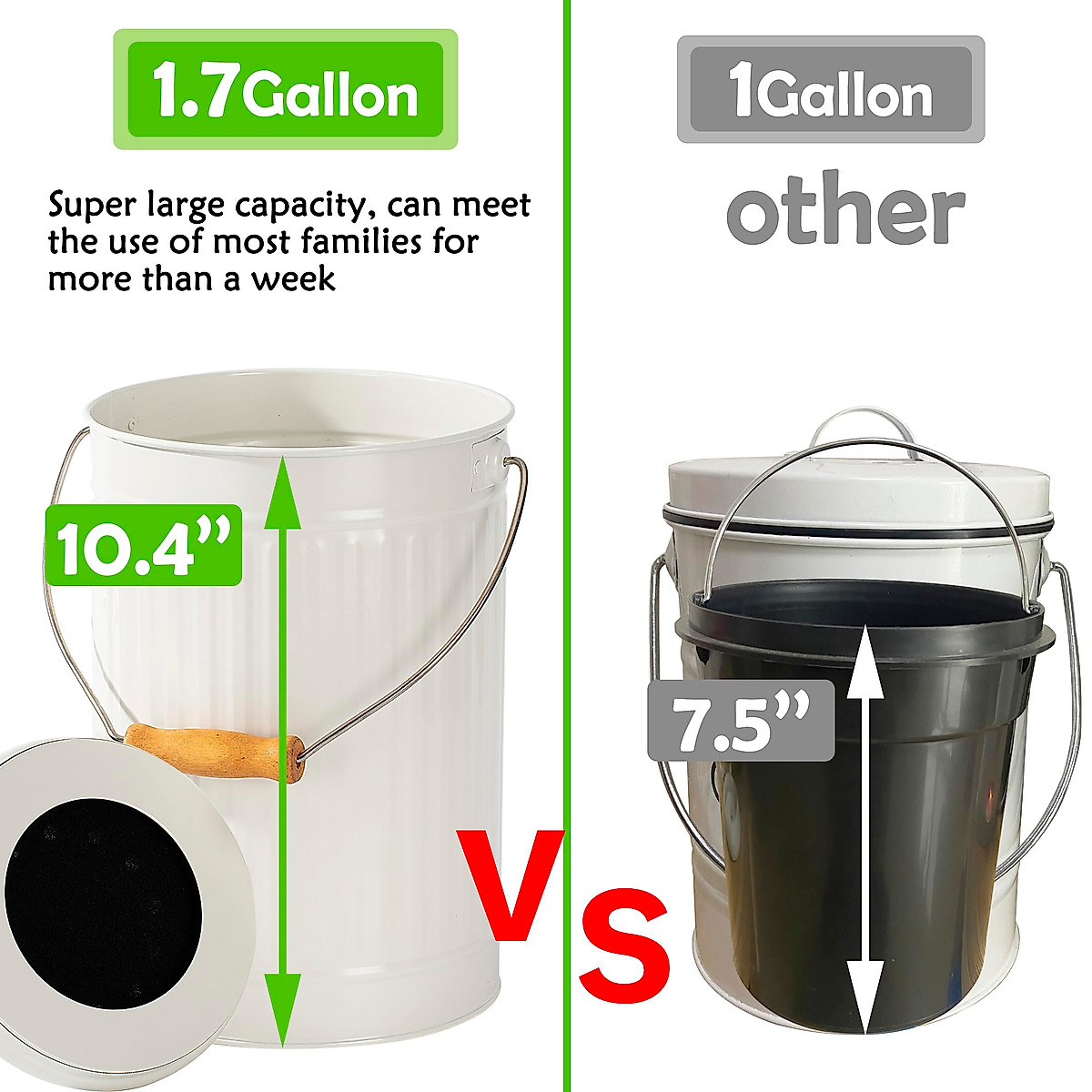 TreaHome Compost Bin, 1.7 Gallon Kitchen Compost Bin , Indoor Countertop Compost Bin, White Countertop Compost Bin with Lid, 100% Rust Proof Compost Bucket with Non-Smell Charcoal Filters (White)