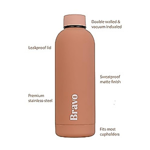 BRAVO Stainless steel Water bottle: Stay Hydrated in Style and Sustainability. Double Wall Vacuum Insulated Thermos, Leakproof, Matte Coated, 17 Ounces, (Pink)