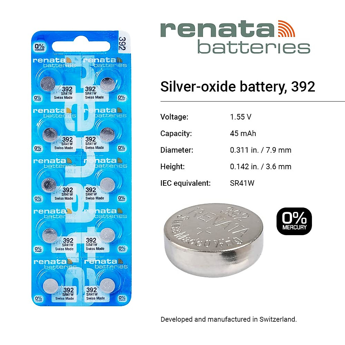 Renata 392 SR41W Batteries - 1.55V Silver Oxide 392 Watch Battery (10 Count)