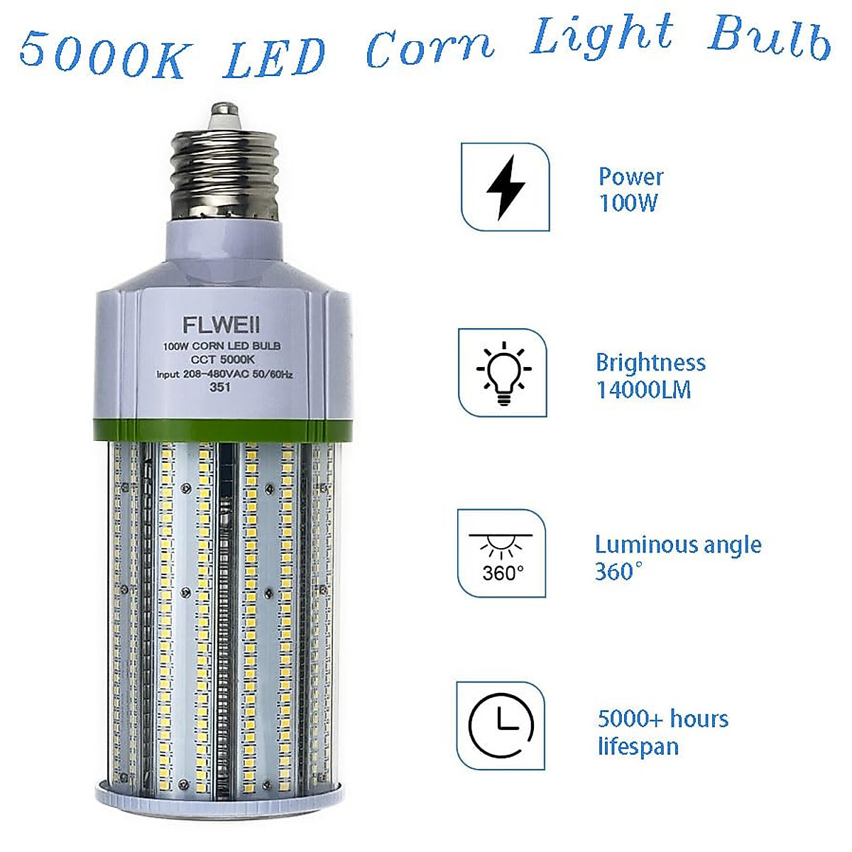 FLWEII LED Corn Light Bulb, 208-480V 100W E39 Mogul Base 5000K,14000 LM Replacement 400W HPS/MH for Indoor Outdoor Garage Warehouse Factory Backyard
