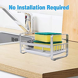 Kitchen Sink Caddy Organizer, Sponge Holder for Sink, Sponge、Soap and Brush Holder/Organizer with Drain Pan, 304 Stainless Steel Rustproof Sponge Holder for Sink