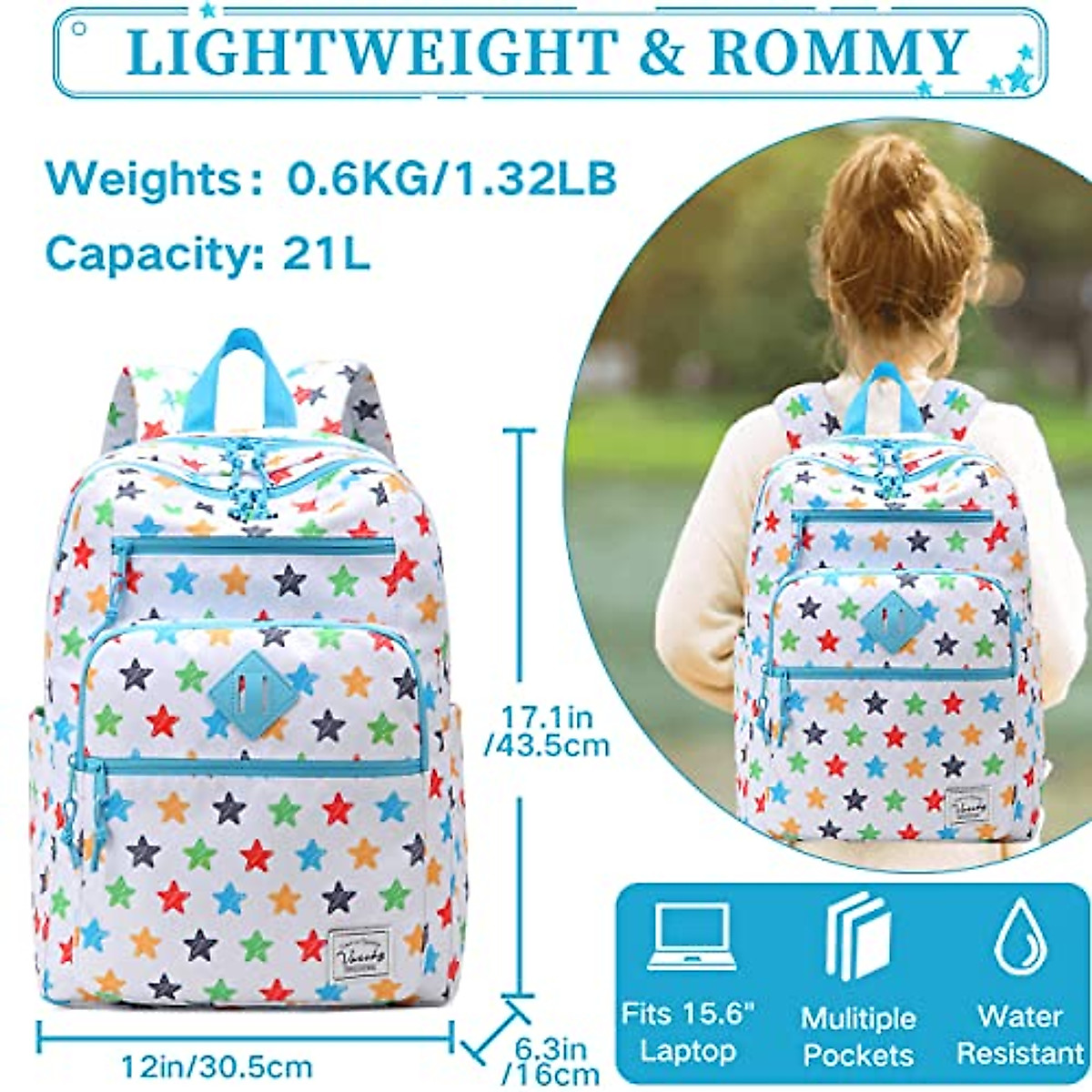 VASCHY School Backpack for Teen Girls, Bookbag Schoolbag Casual Daypack for High School/College/Women/Travel/Work Stars
