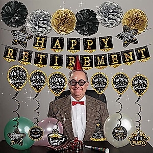 retirement party decorations banner gifts - (22pack) happy retirement gold banner, 6 paper Poms, 6 Hanging Swirl, 7 decorations stickers. retirement sash for men and women (GOLD BANNER)