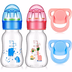 Jexine 4 Pieces Reborn Doll Accessories, Includes 2 Magnetic Pacifier and 2 Baby Doll Bottles Baby Alive Pacifier Feeding Bottle Gift for Baby Shower Birthday, Random Pattern, Pink and Blue (Cute)