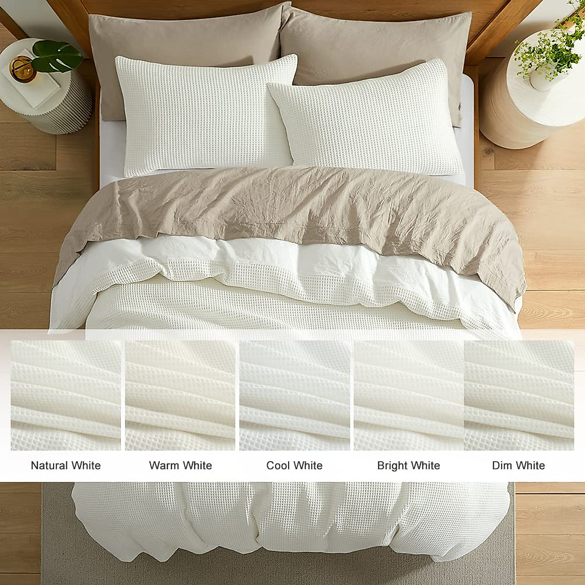 ZJZC Art 100% Cotton Waffle Weave Duvet Cover Set,Luxury Bedding Set 3 Pieces, Super Soft,Easy Care,Simple Style,for All Season, with Buttons Closure and Zipper (Creamy White, King)