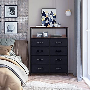 LYNCOHOME 8 Drawer Dresser for Bedroom, Fabric Dresser with Shelves, Chest of Drawers for Bedroom, Closet, Clothes, Storage Tower with Sturdy Steel Frame, Wood Top, Fabric Drawers