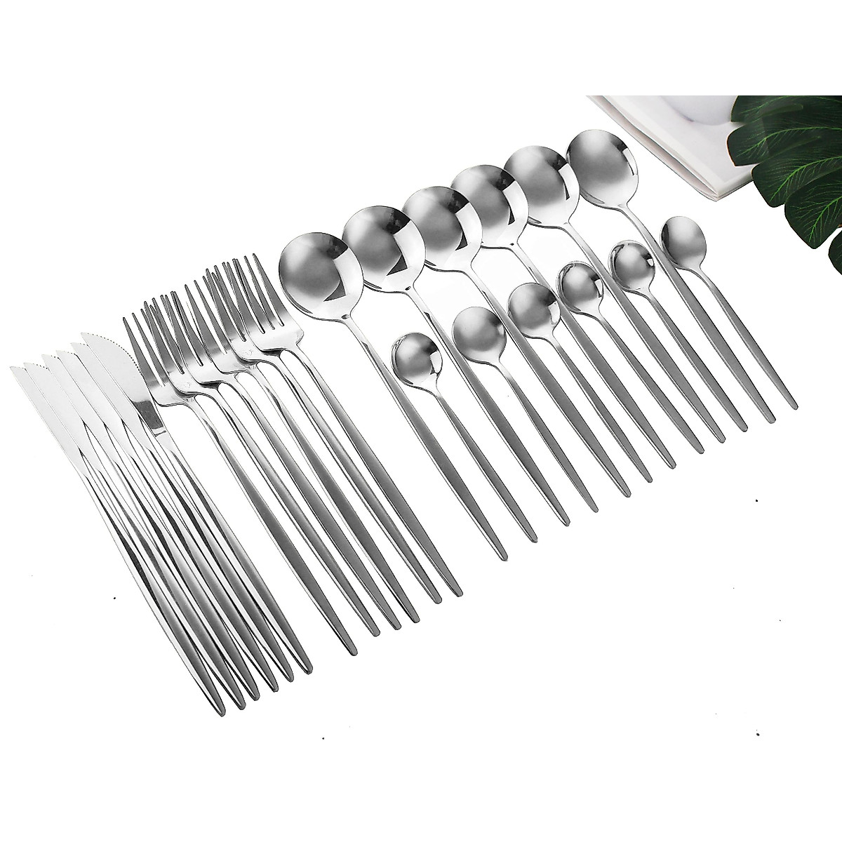 Dnalrhoi 24-Piece Silver Korean Silverware Sets Mirror Polished Stainless Steel Modern Flatware Cutlery Set Service for 6 Including Forks Spoons Knives Kitchen(Silver)