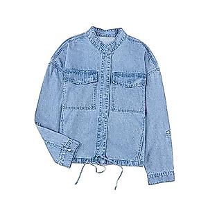 Dokotoo Jean Jackets for Women Cropped Jackets Fashion Spring Fall 2023 Casual Long Sleeve Utility Cargo Denim Jacket Button Down Trucker Shacket Jackets Coat with Pockets Sky Blue Medium