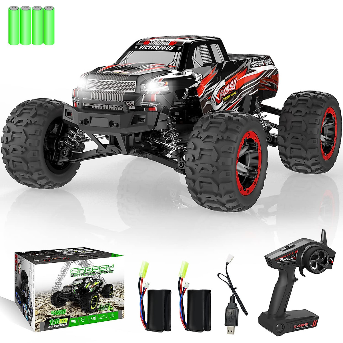 RACENT RC Car, 1:16 Scale All Terrain Monster Truck, 30MPH 4WD Off Road Fast Remote Control Car, 2.4Ghz High Speed Electric Vehicle with 2 Rechargeable Batteries, 40+ Min Play, Gift for Boys (785-5)