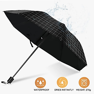 BUKPUD Large Compact Travel Umbrella, Windproof Waterproof Stick Umbrella Anti-UV Protection, Three Folding Umbrella for Backpack - Portable Black Folding Umbrella for Men and Women Kids Adults