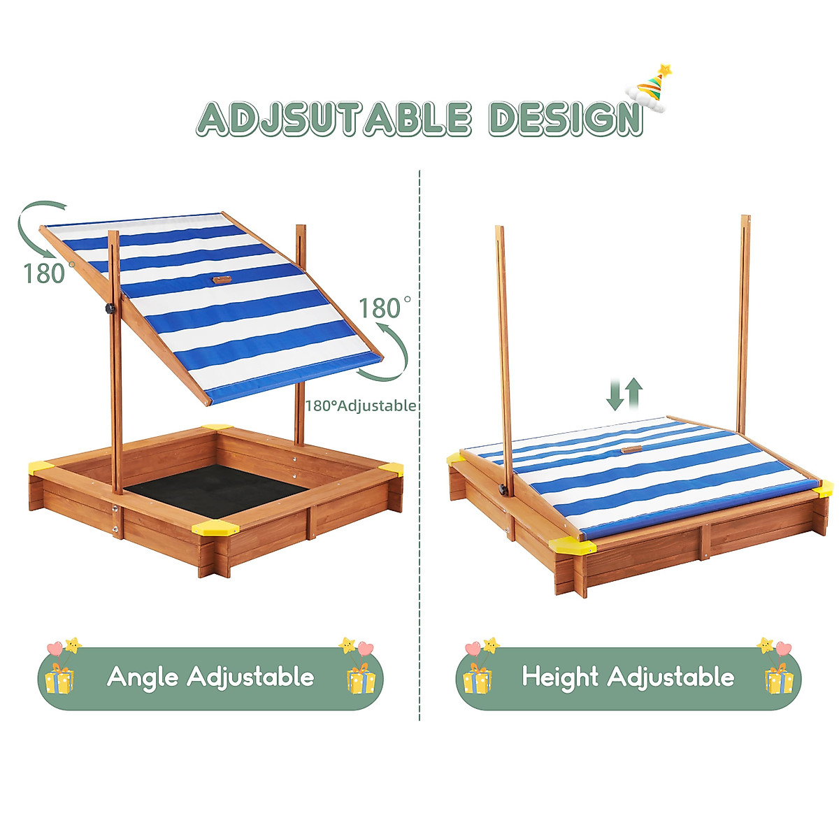 Kids Sandbox with Cover, 46.5" Wooden Sand Box w/Adjustable Canopy, Large Outdoor Cedar Sandpit for Backyard Play