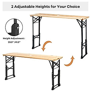 Goplus Folding Picnic Beer Table, Outdoor Camping Table with Umbrella Hole, Adjustable Heights and Wood Top, Portable Picnic Table for Patio Garden Party Backyard, No Assembly