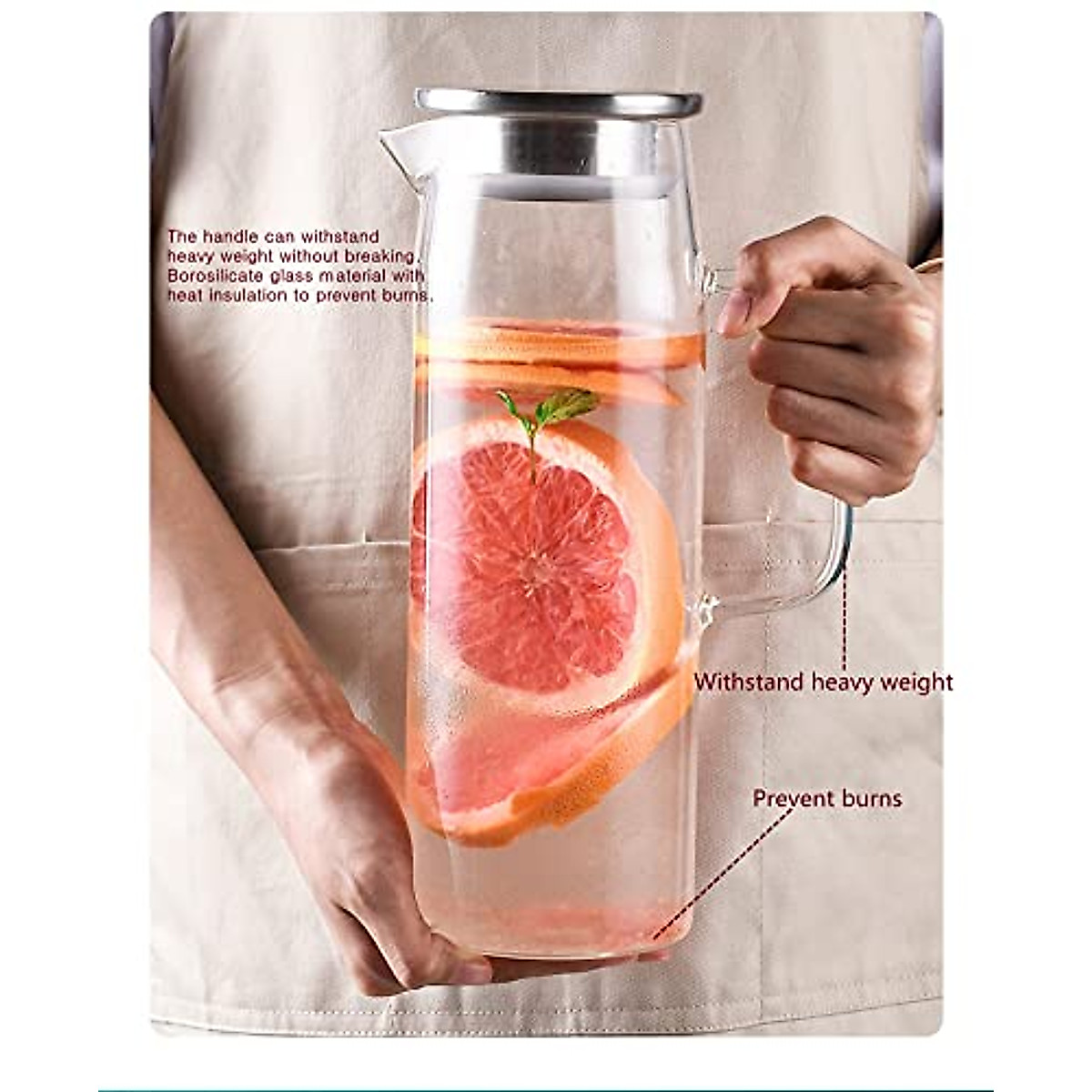 Glass Pitcher with Lid, 34 Oz Heat Resistant Glass Water Carafe with Handle for Fridge, Small Pitcher for Iced Tea, Milk, Hot and Cold Beverage, Glass Juice Jug 1000ML/34oz