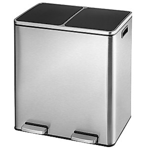 Arlopu 16 GallonStainless Steel Trash Can, 60L Dual Compartment, Metal Kitchen Step Recycle Bin, Metal Double Dustbin, in-Home Garbage Rubbish Can W/Removable Liner Buckets (Silver)