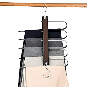 Wetheny Solid Wood with Stainless Steel Pants Hangers Space Saving,360° Rotating Chrome Swivel Hook with 5 Anti-Rust Trouse Hanger,Closet Clothes Organizer for Trousers Scarves Slack (1 Pack)