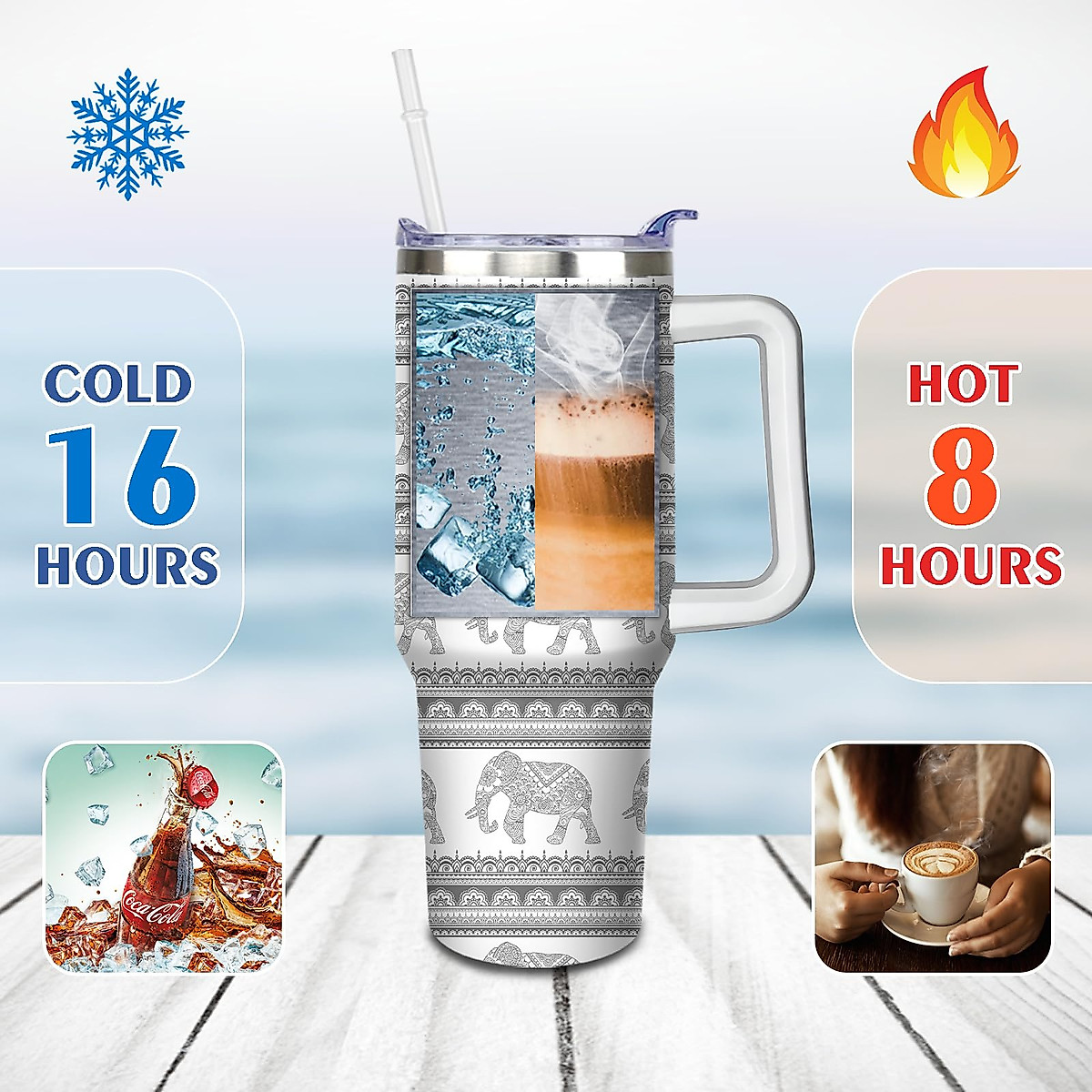 40 oz Elephant Tumbler with Handle and Straw, Gray Mandala Floral Stainless Steel Vacuum Insulated Travel Coffee Mug Cup Water Bottle, Grey Elephant Stuff Accessories Decor Gifts for Women Girls