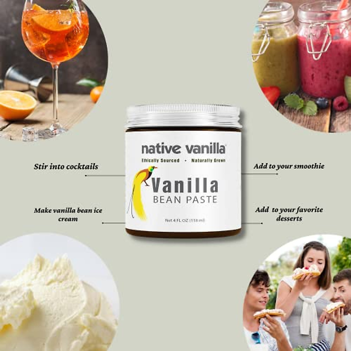 Vanilla Bean Paste - Native Vanilla - All Natural Pure Vanilla Bean Paste - Made with Organic Agave Syrup - For Cooking, Baking & Desserts - 100% Vegan & Kosher - Non-GMO & Gluten-Free - 4 oz