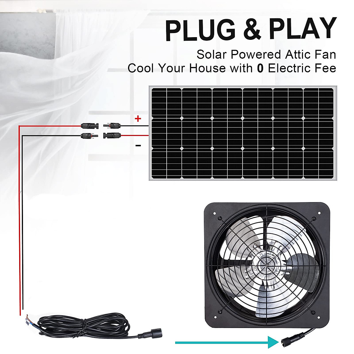 Pumplus MAX 2000CFM Solar Attic Fan All-in-one Kit, Powered by 100W Solar Panel, 14in Hosing Fan for Attic, Barn, Bullpen- DELIVERY IN 2 PARCELS