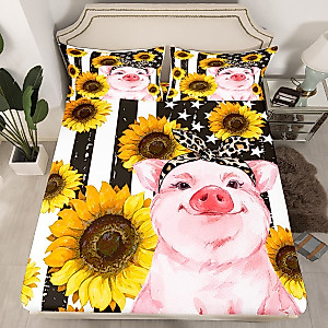 Cute Pig Kids Sheet Queen Size,American Flag Retro Bedding Set,Girls Boys Adults Bedroom Decor,Sunflowers Cartoon Animals Kawaii Rustic Farmhouse Bed Sheet Set 4pcs(Fitted + Flat + 2 Pillowcases)